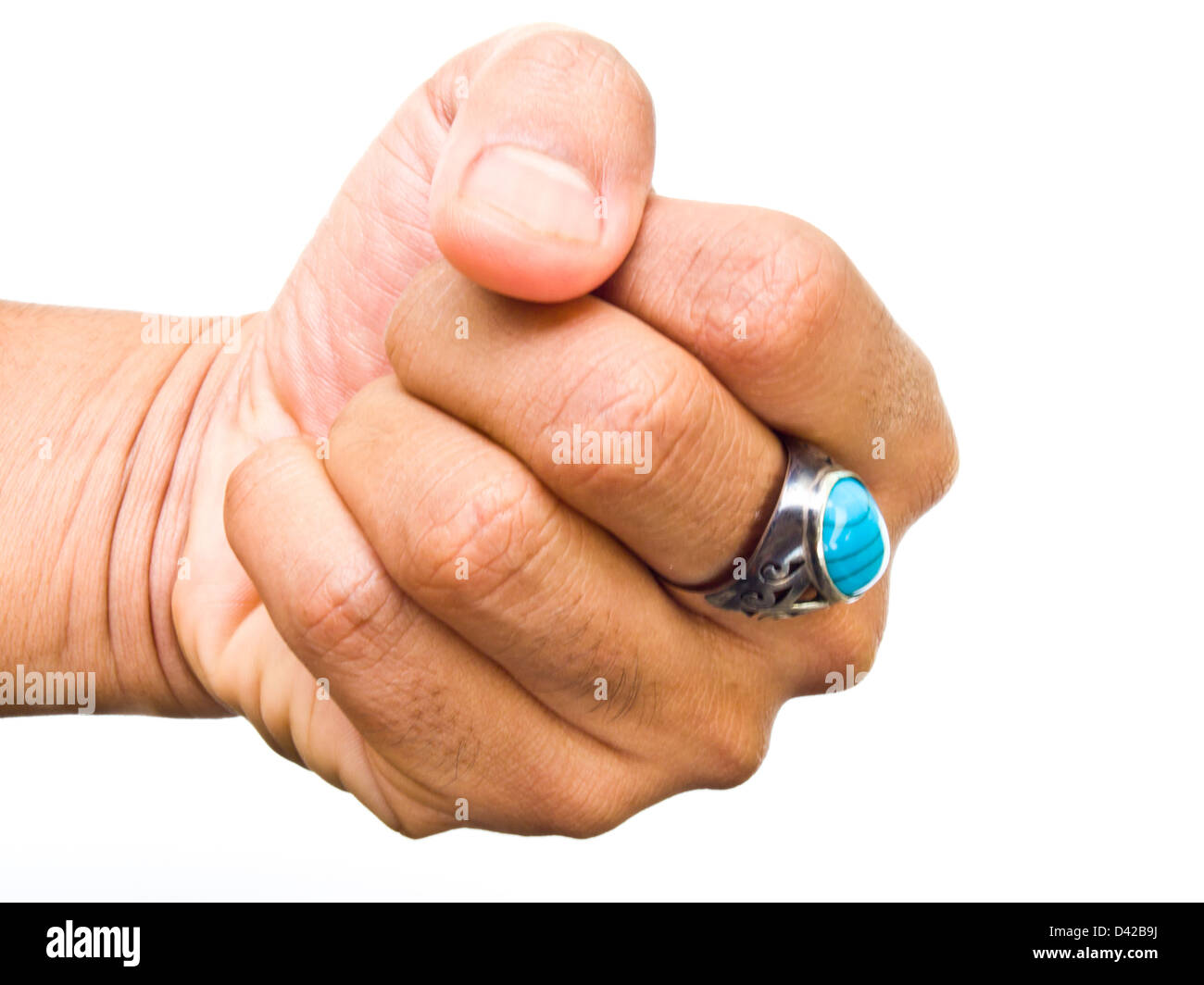 A guy hand with turquoise ring on his finger isolated on white ...
