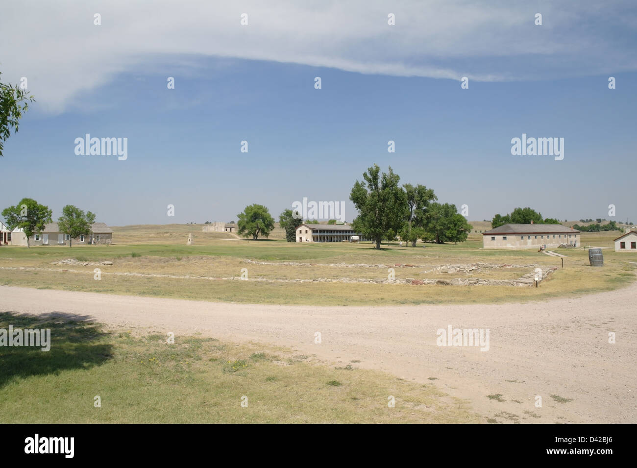 Blue sky view, to Cavalry Barracks, green grass foundations old ...
