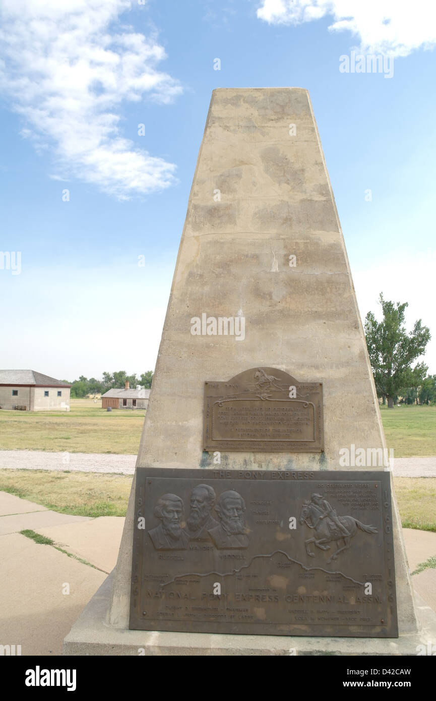 Blue sky view Pony Express memorial plaques obelisk standing at the ...