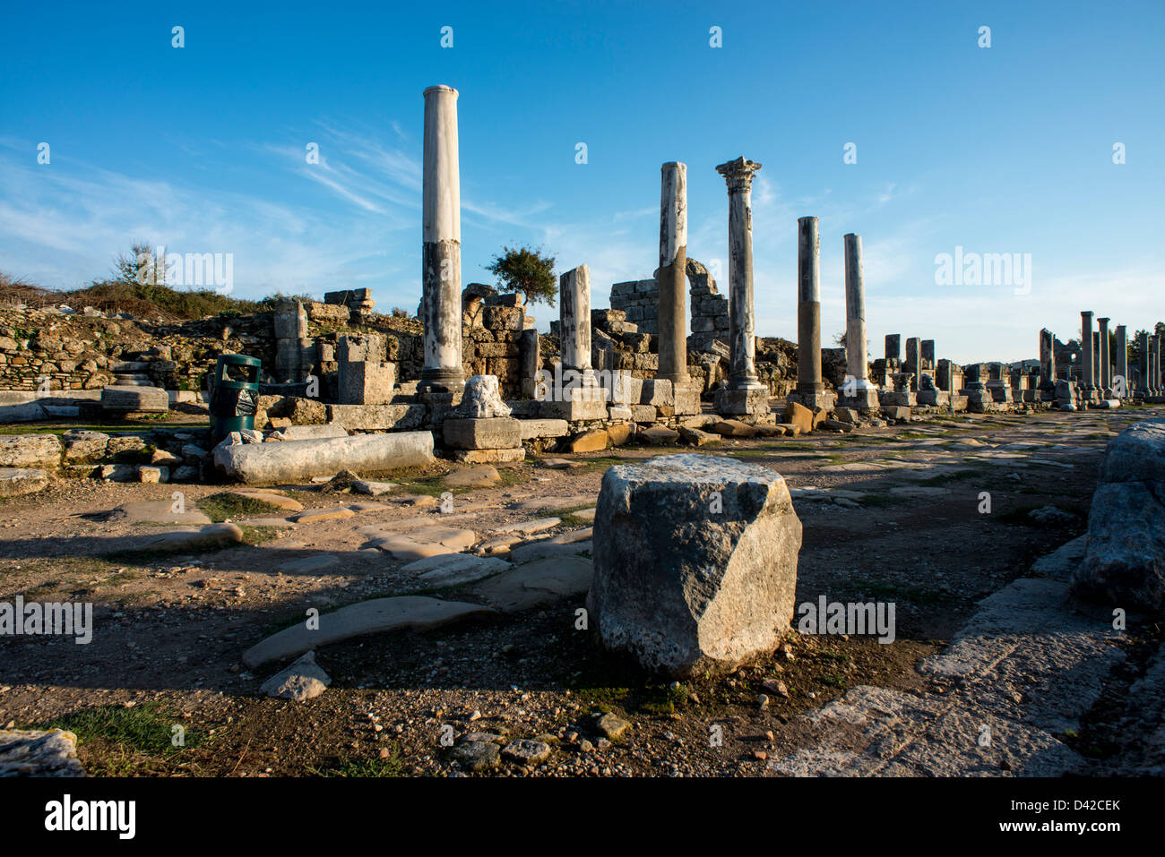 Colonnaded roman street at Perge in Turkey with a water channel running ...