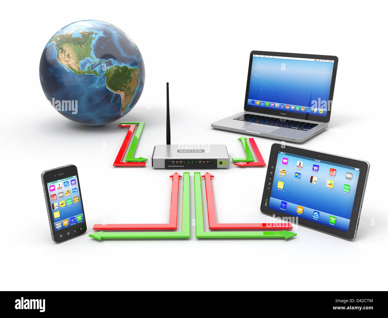 Concept of home network. Sync devices. 3d Stock Photo - Alamy