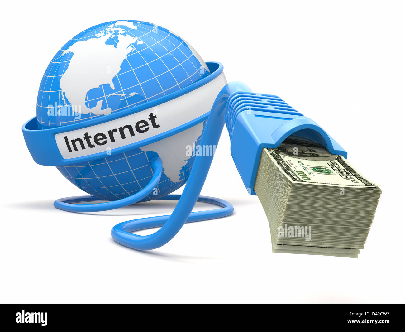 Make money online. Concept. Earth and internet cable with money. 3d ...