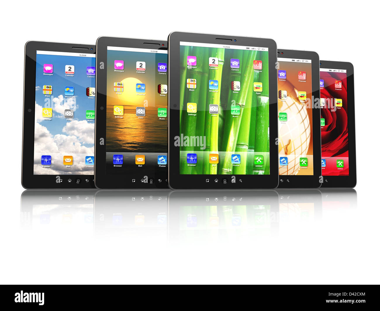 Group of digital tablet pc with different screen backgrounds. 3d Stock ...