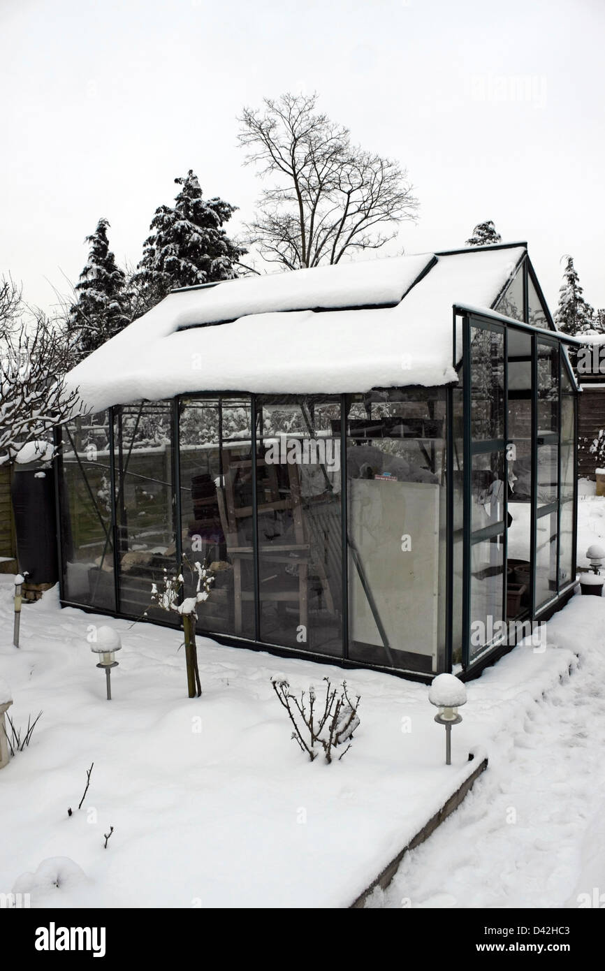 SNOW COVERED UNHEATED DOMESTIC GREENHOUSE IN WINTER. UK Stock Photo - Alamy