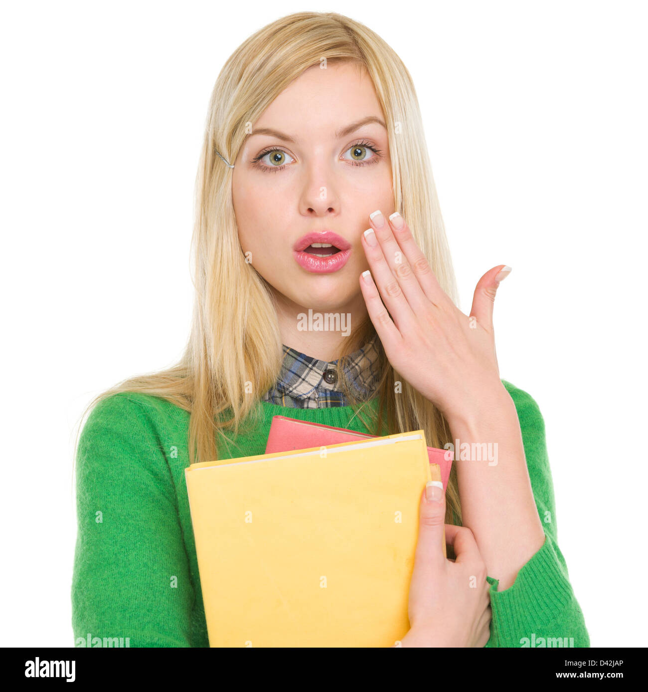 Portrait of surprised student girl with books Stock Photo - Alamy