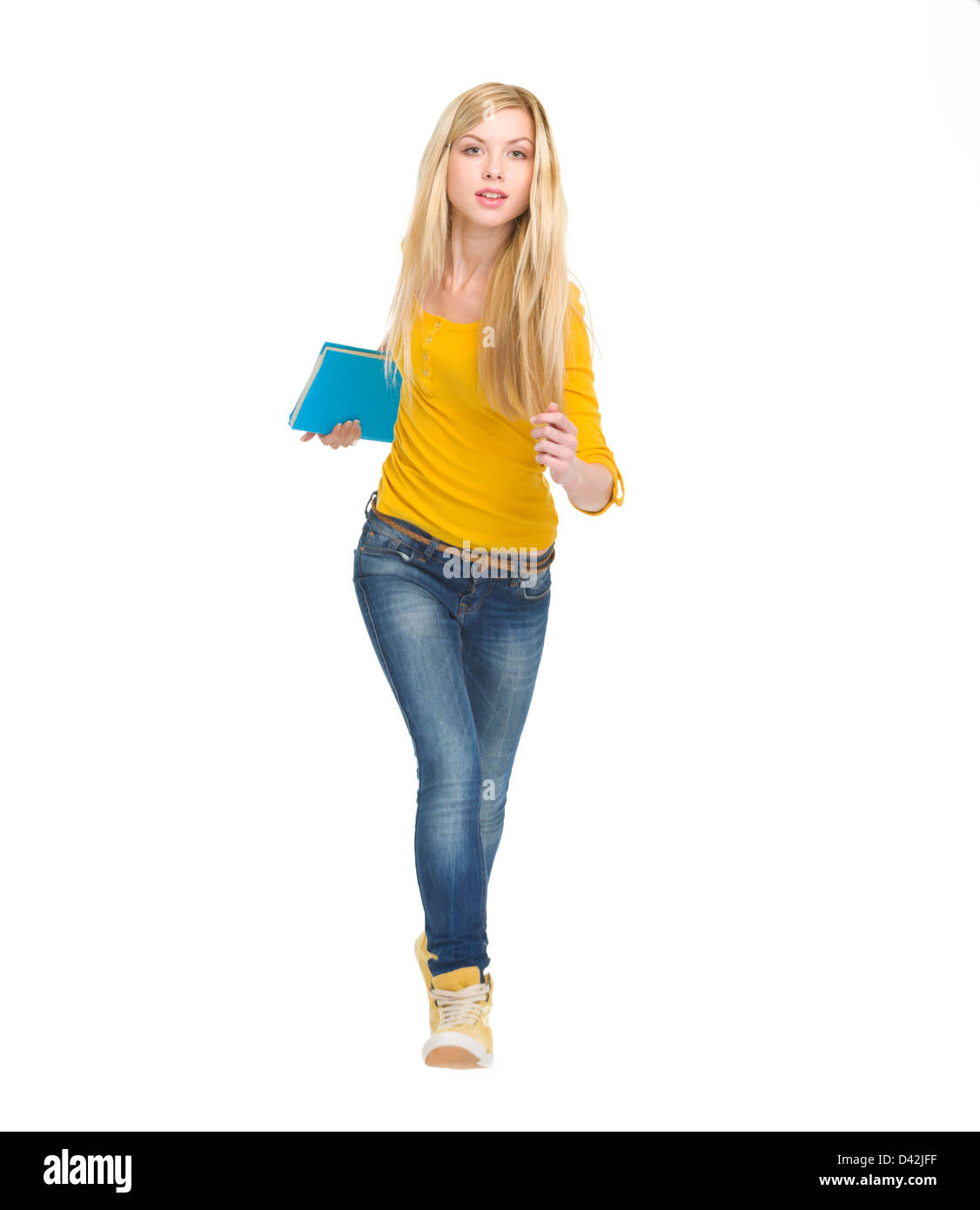 Full length portrait of student girl running straight Stock Photo - Alamy