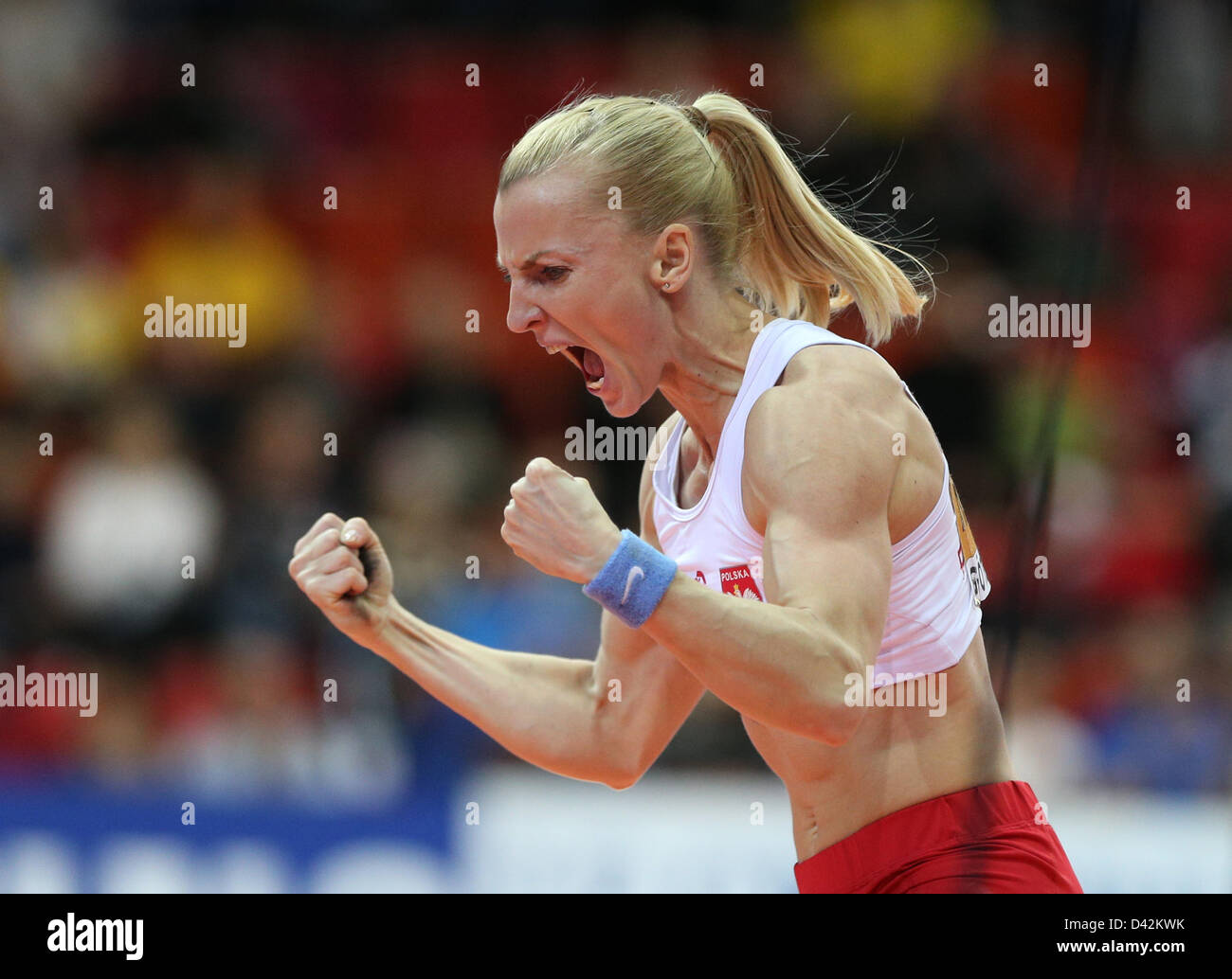 Anna Rogowska of Poland celebrates during the women's pole vault final ...