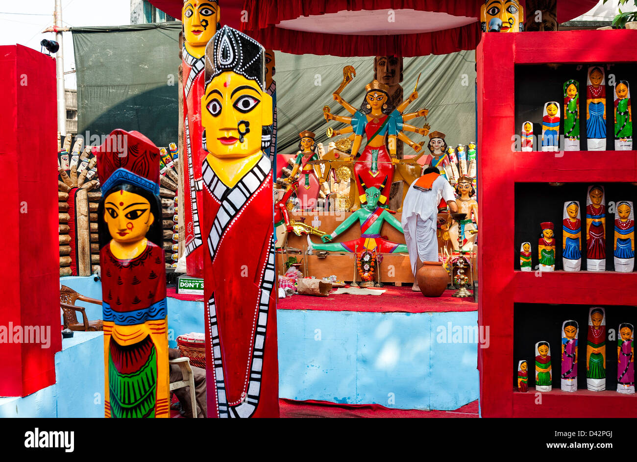 A modern pandal, display, of the Goddess Durga during the week long ...