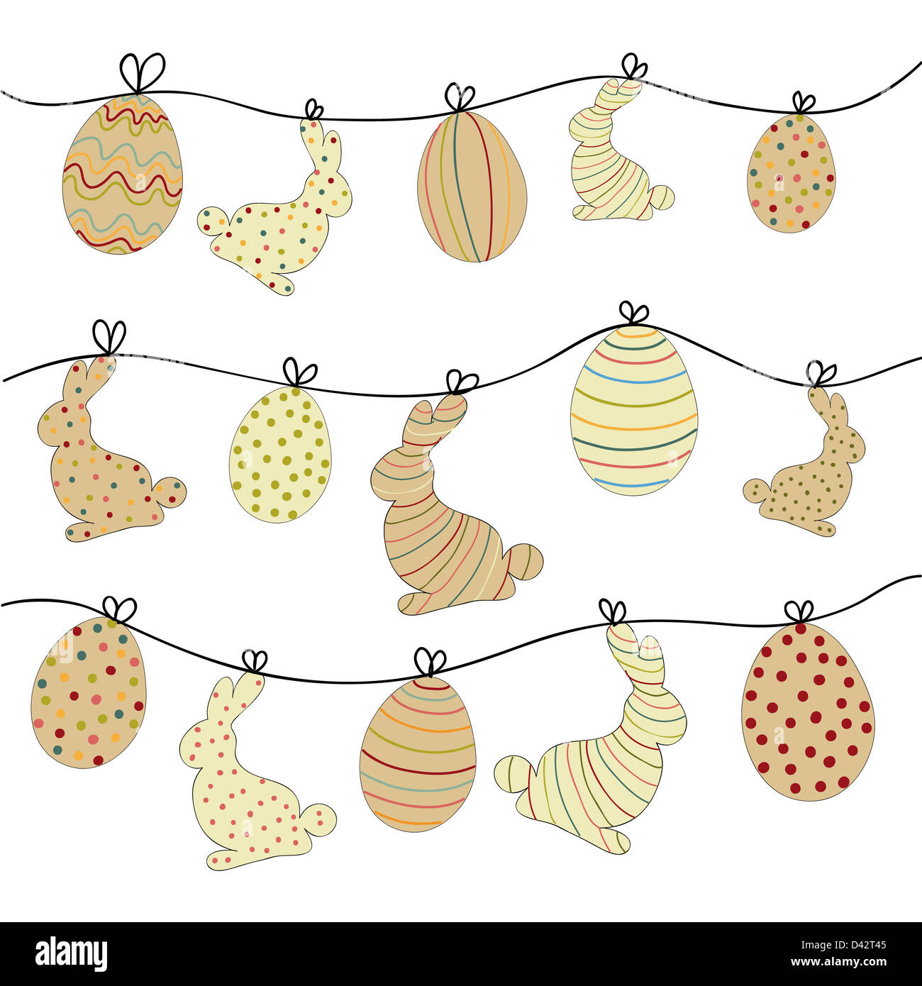 Hanging Easter bunnies and eggs. This illustration is layered for easy ...
