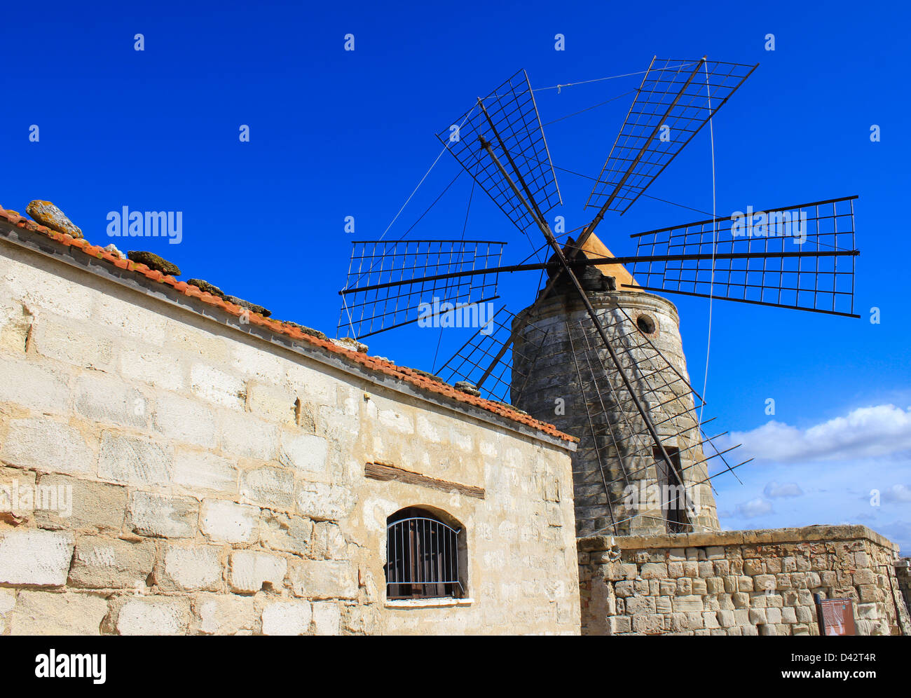 old windmill industry landscape building blades Sicily Trapani Stock ...