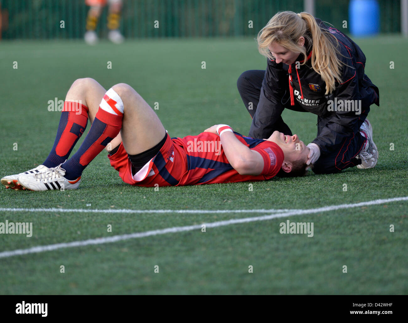 physiotherapist attends to injured rugby player during match between ...