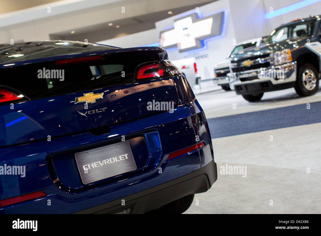 A 2013 Chevy Volt plug-in electric car on display at the 2013 ...