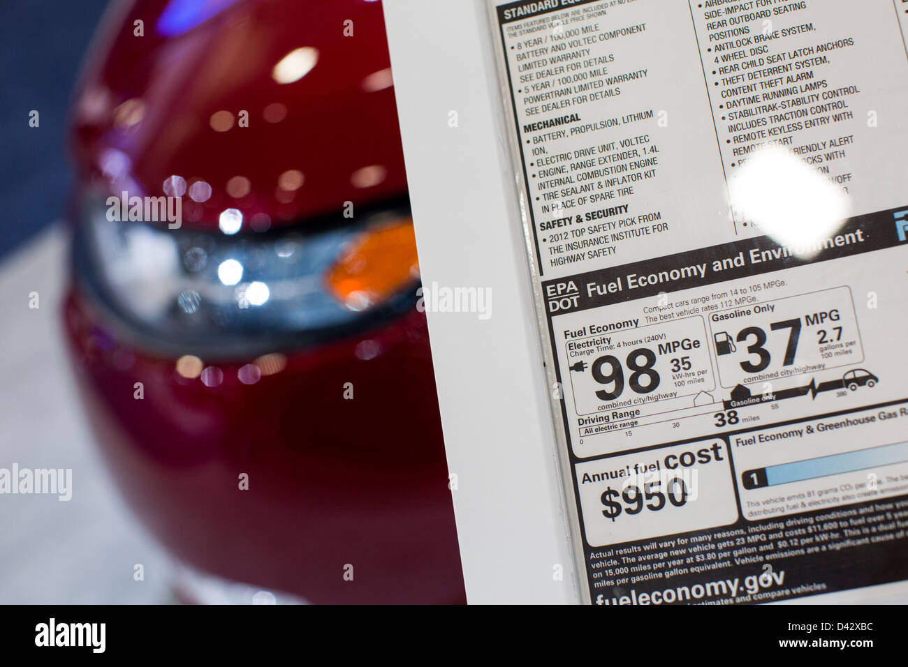 A 2013 Chevy Volt plug-in electric car on display at the 2013 ...