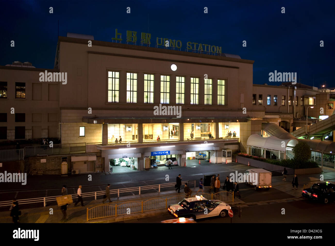Night time view of the main facade of the Japan Railway (JR) Ueno ...