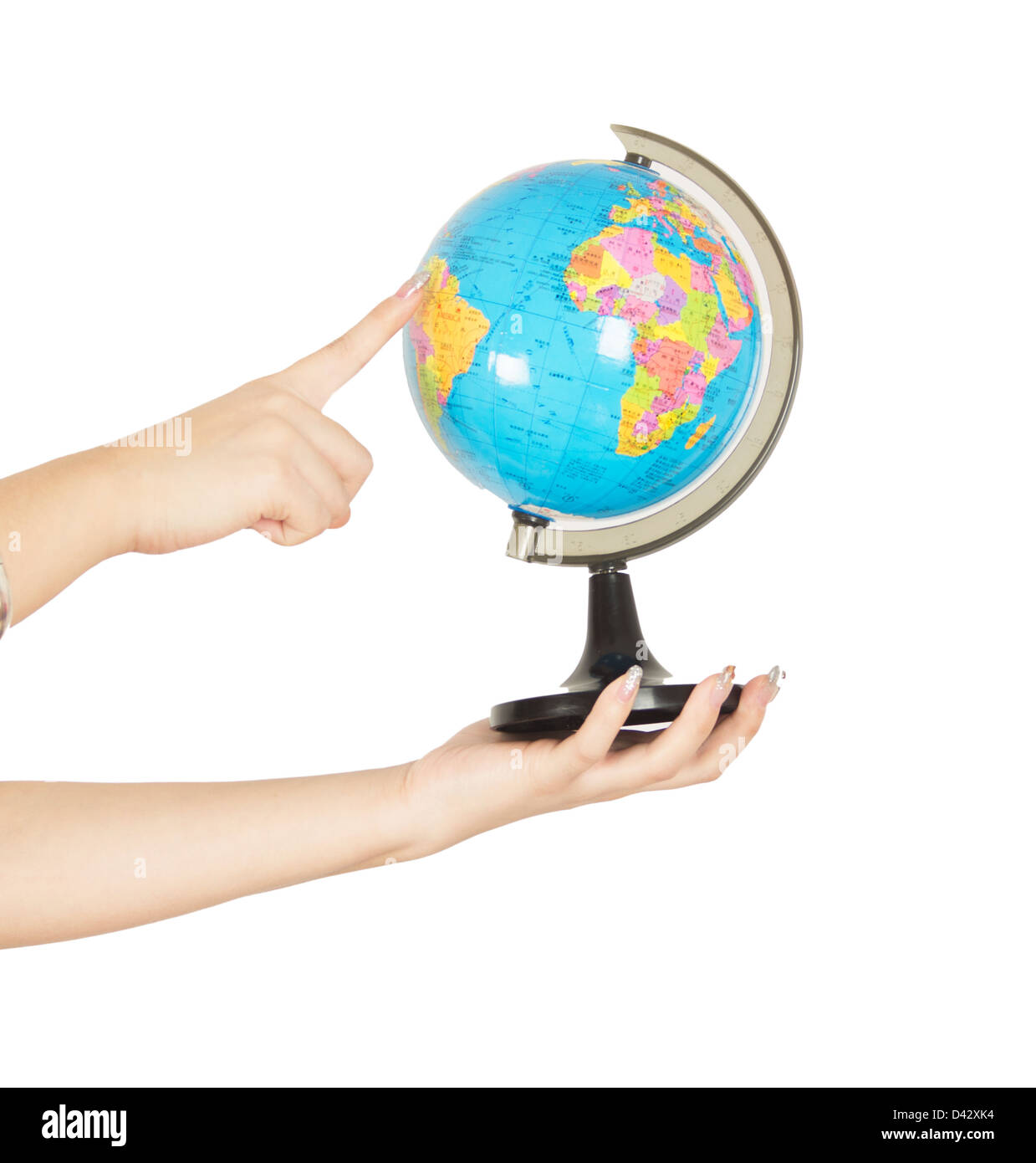 A woman's finger to the Globe Stock Photo - Alamy