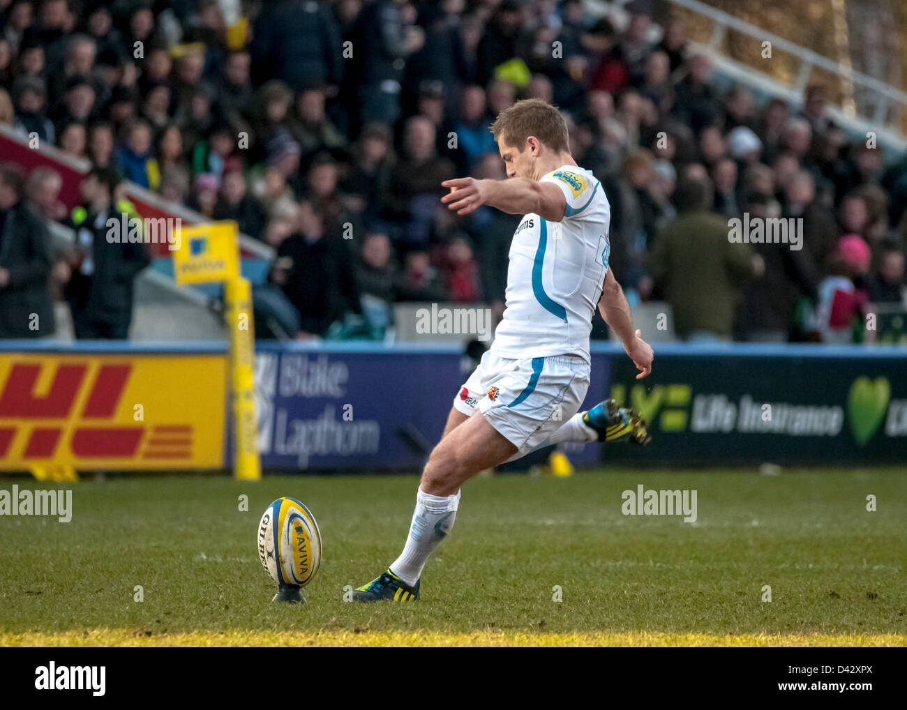 Gareth Steenson kicks for goal during the Aviva Premiership match ...