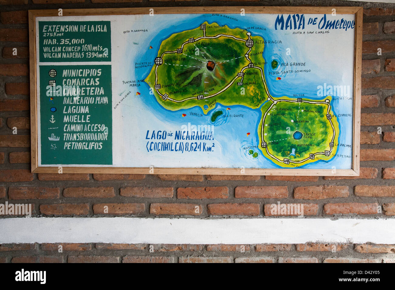 A map pon the wall of a hostel on Ometepe in the middle of Lake ...