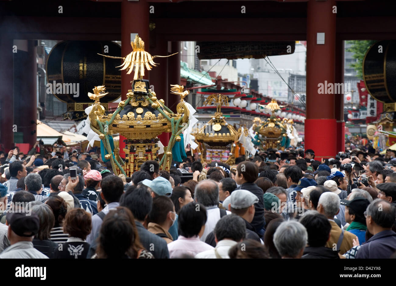 Gold decorated sacred mikoshi portable shrine carried around Sensoji ...