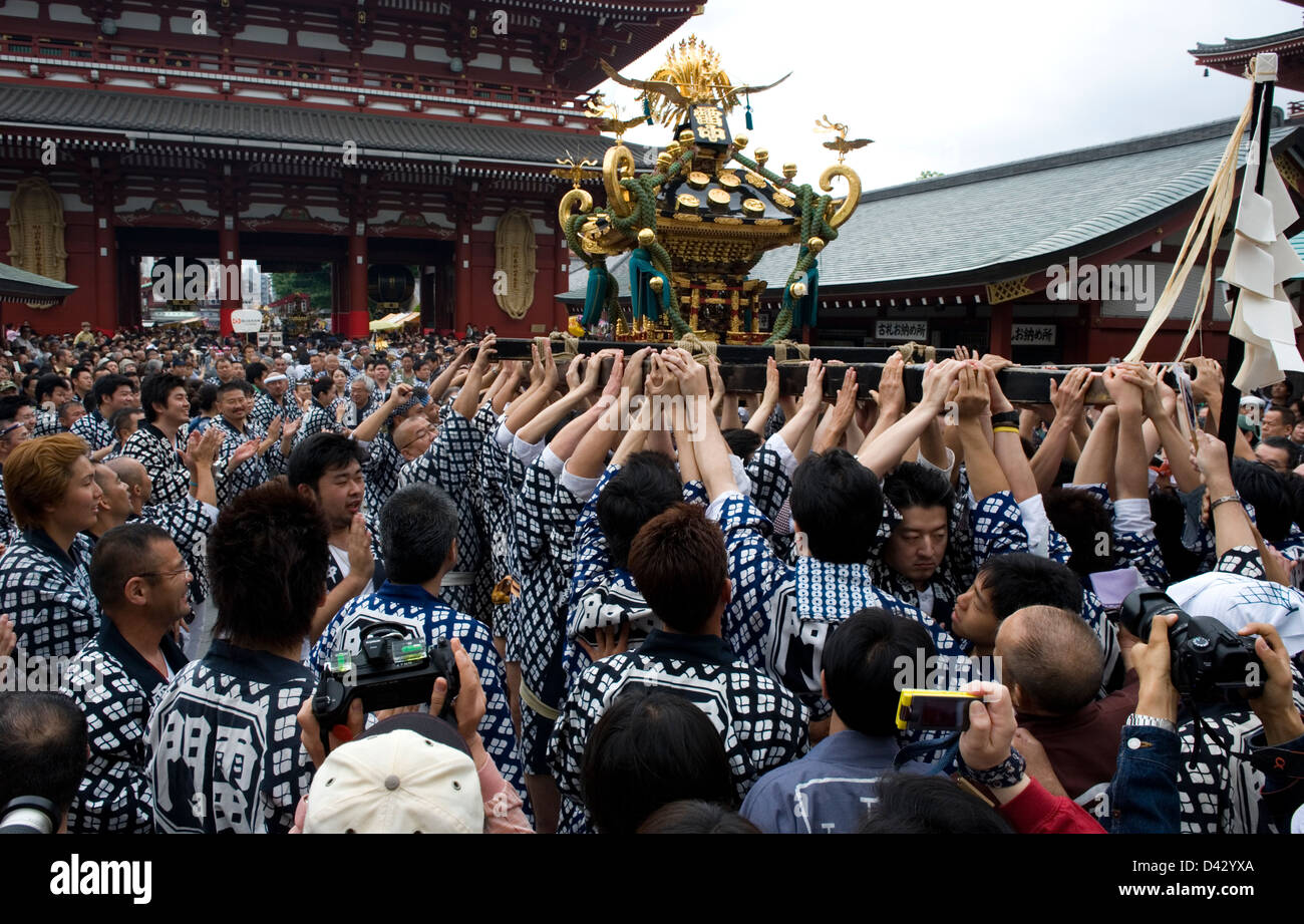 Gold decorated sacred mikoshi portable shrine carried around Sensoji ...