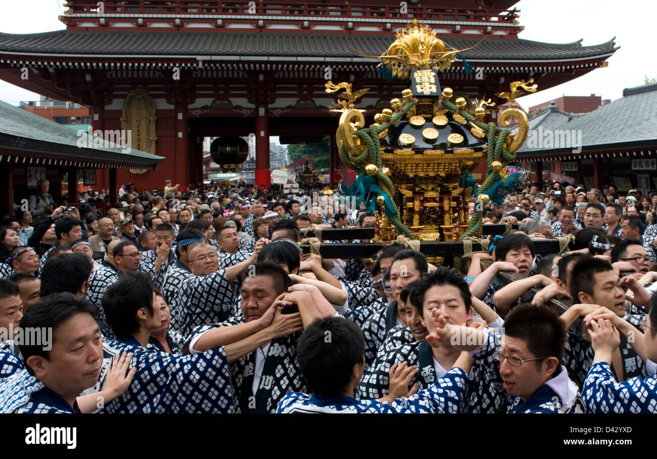 Gold decorated sacred mikoshi portable shrine carried around Sensoji ...