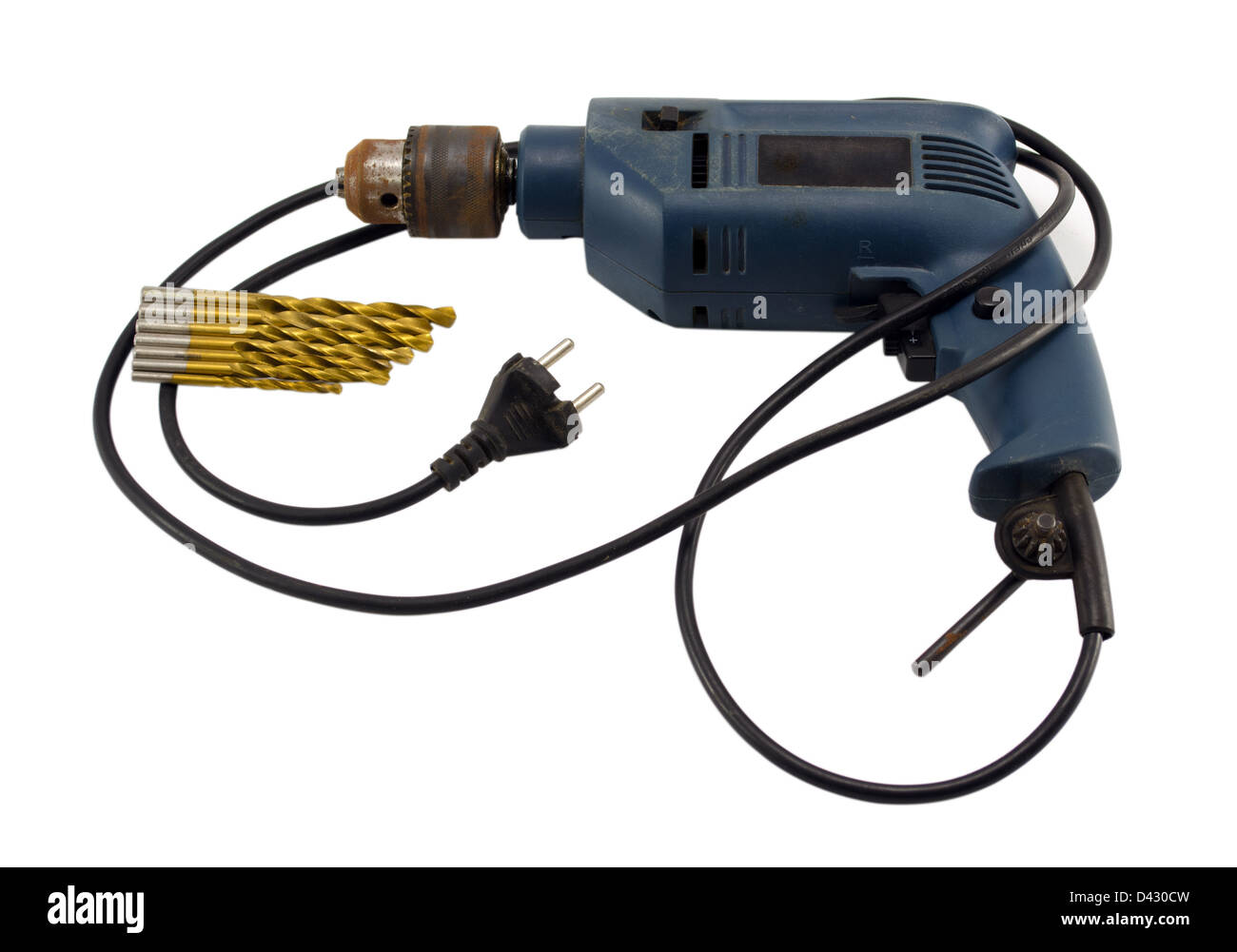 rusty retro electric drill with golden bit and rosette plug isolated on ...