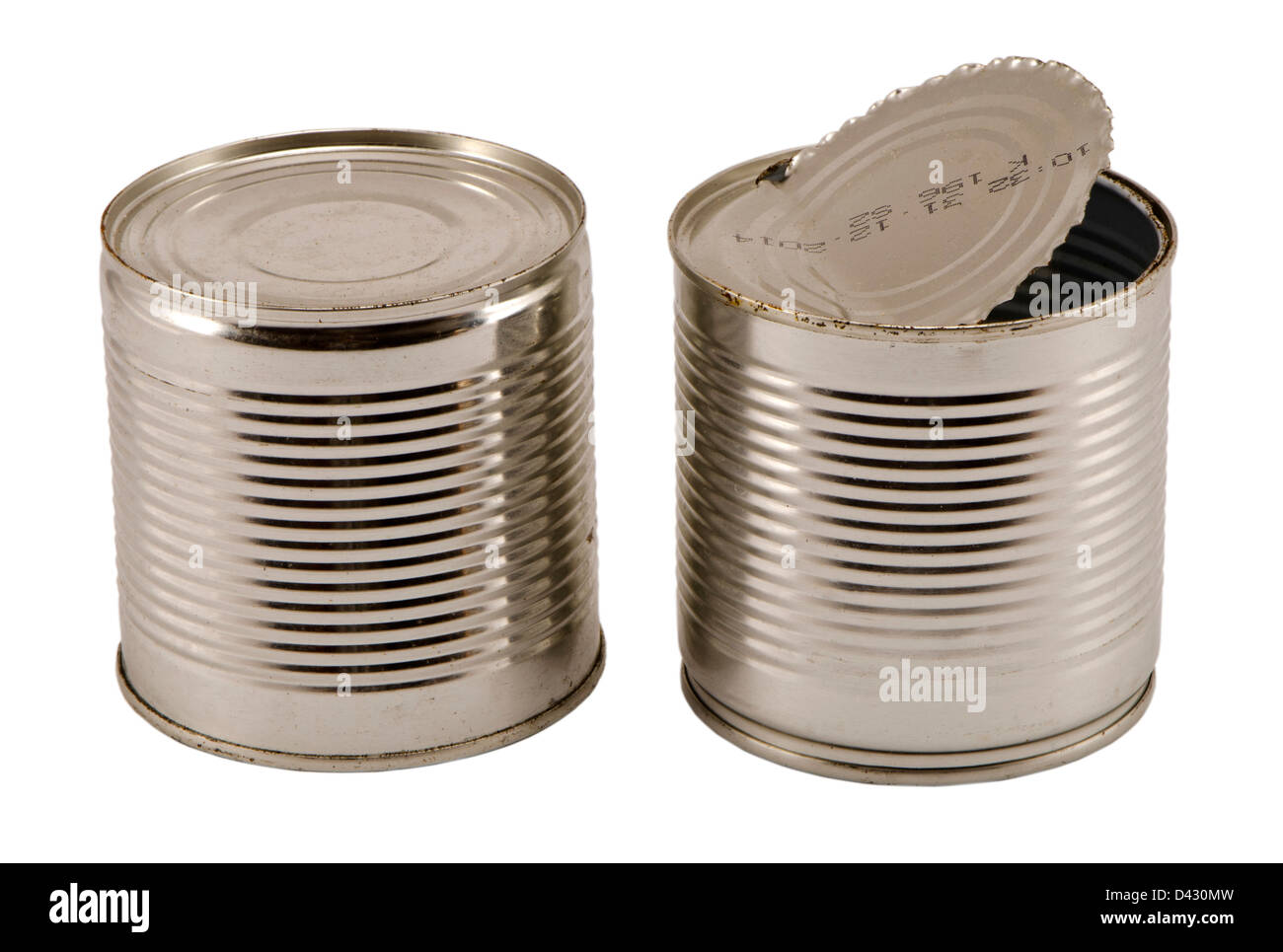 pair of open used silver metal cans isolated on white background Stock ...