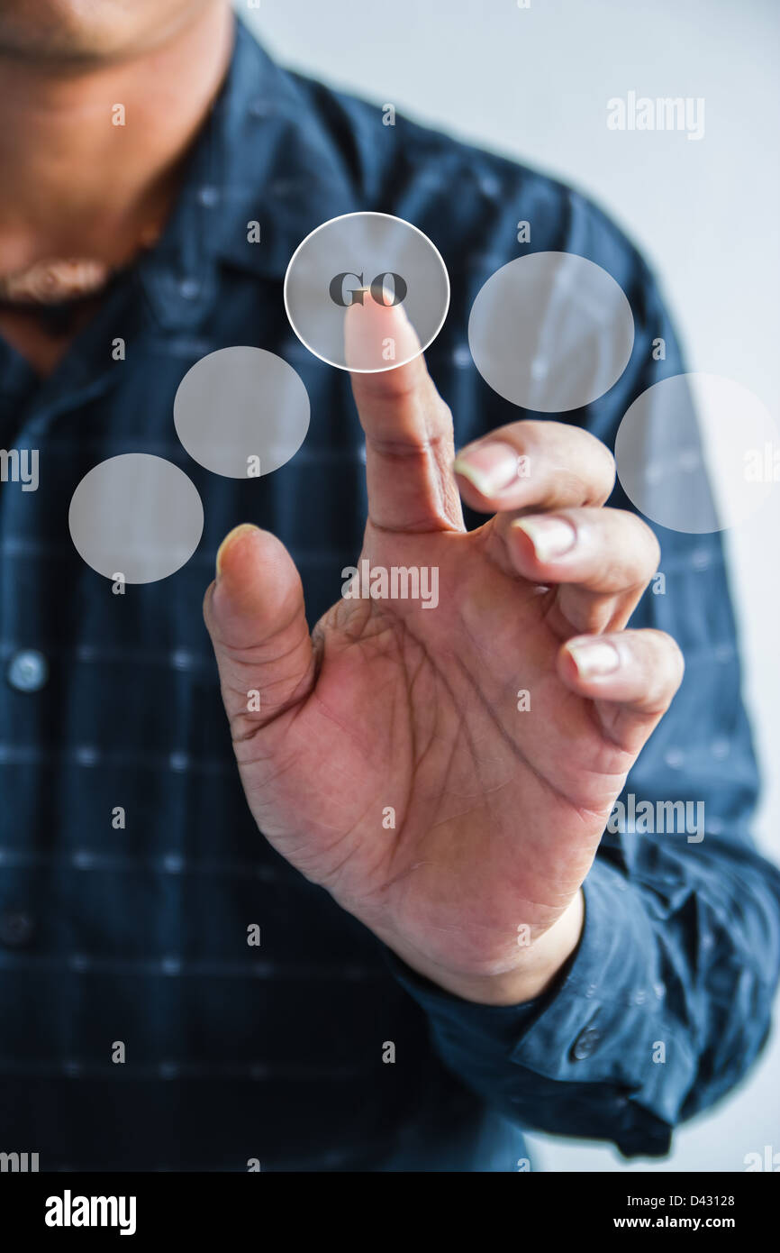 hand pushing on a touch screen interface Stock Photo - Alamy