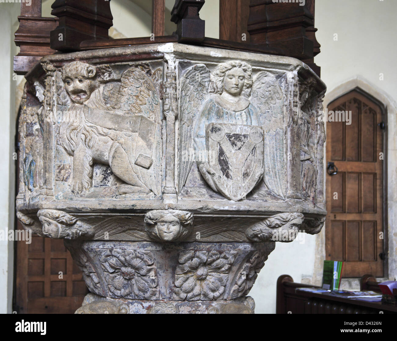 Detail of the font in the parish church of St Edmund at Acle, Norfolk ...