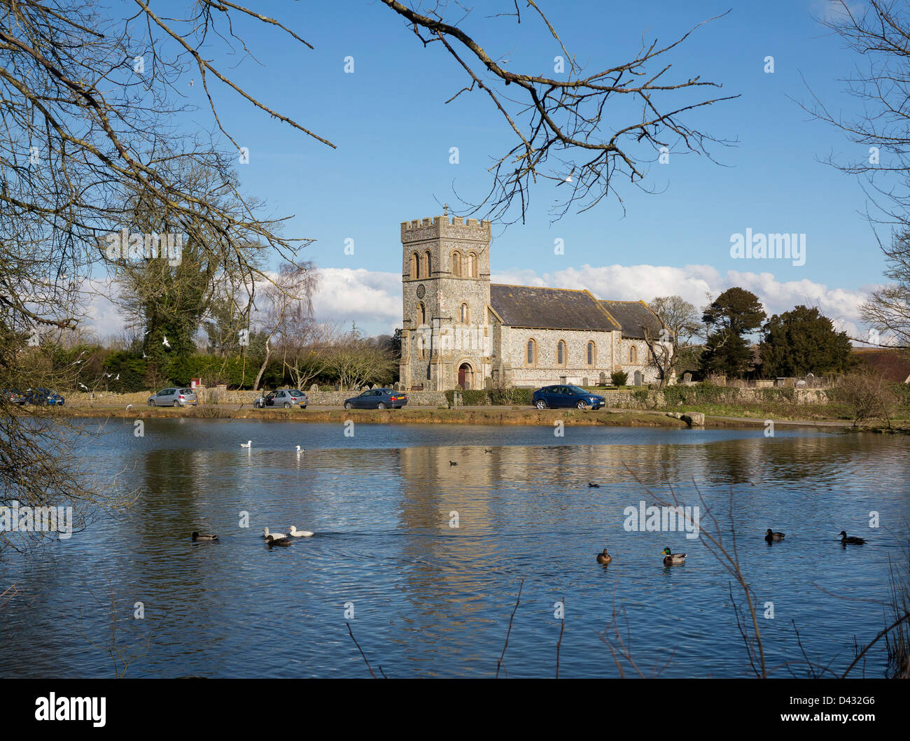 Charming village church of Saint Lawrence and pond of the village of ...