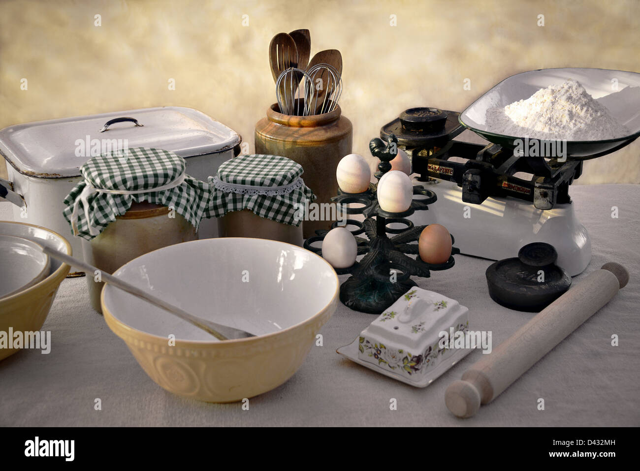 Baking scene with blows weighing scales and ingredients Stock Photo - Alamy