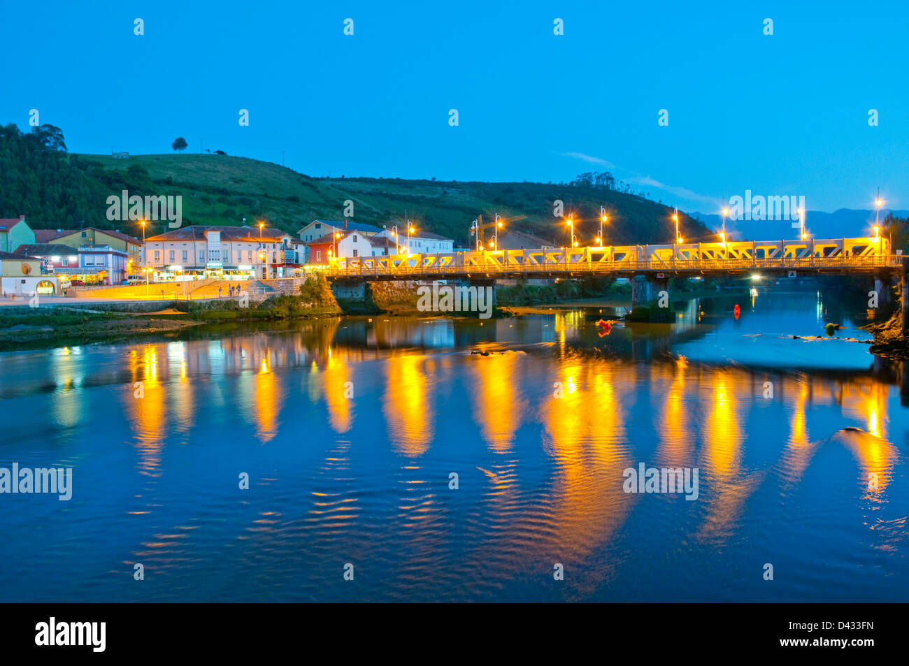 Bridge over river Deva, night view. Bustio, Asturias, Spain Stock Photo ...