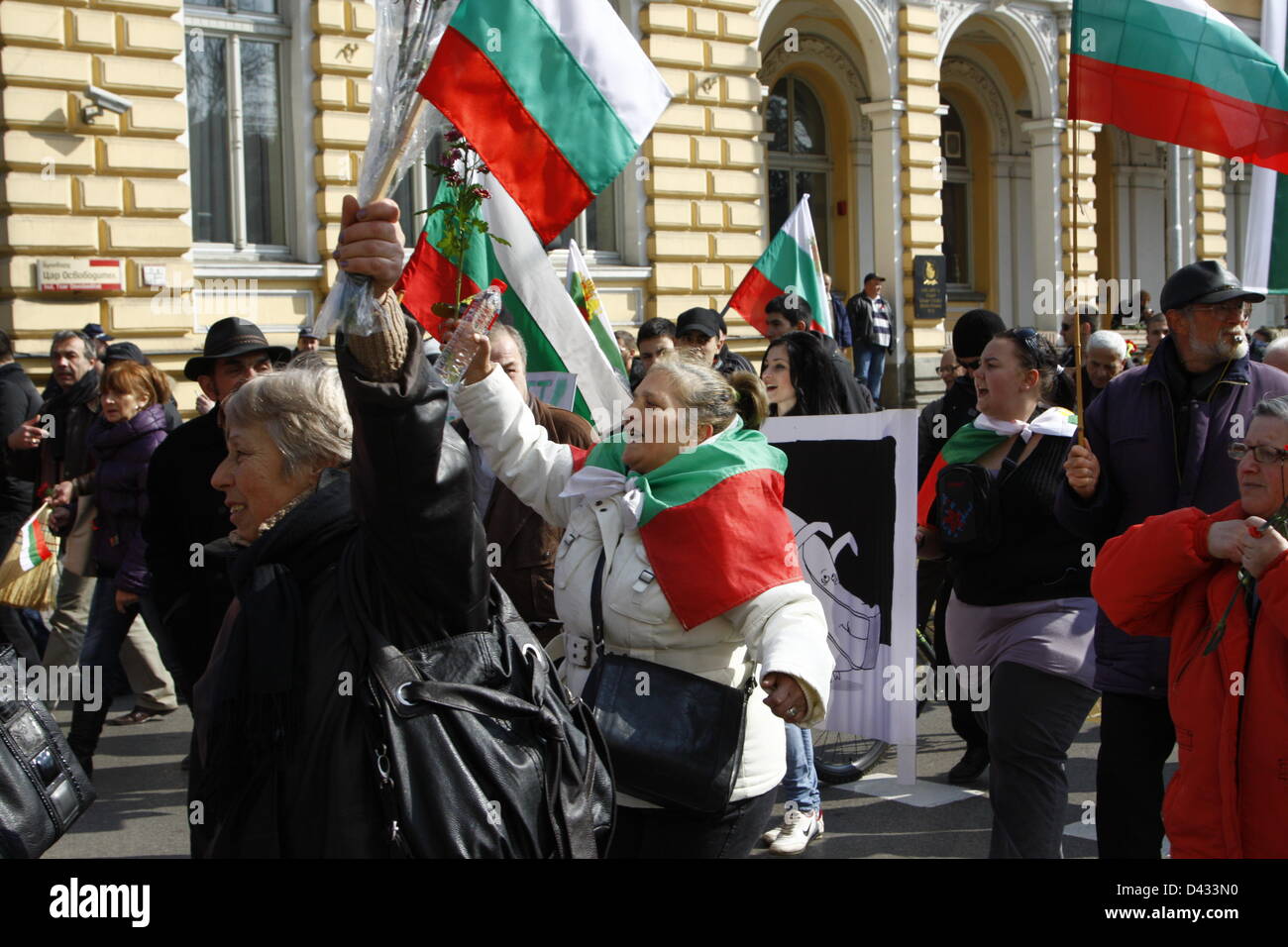 Sofia, Bulgaria; 03/03/2012. Demonstrators waving Bulgarian flags ...