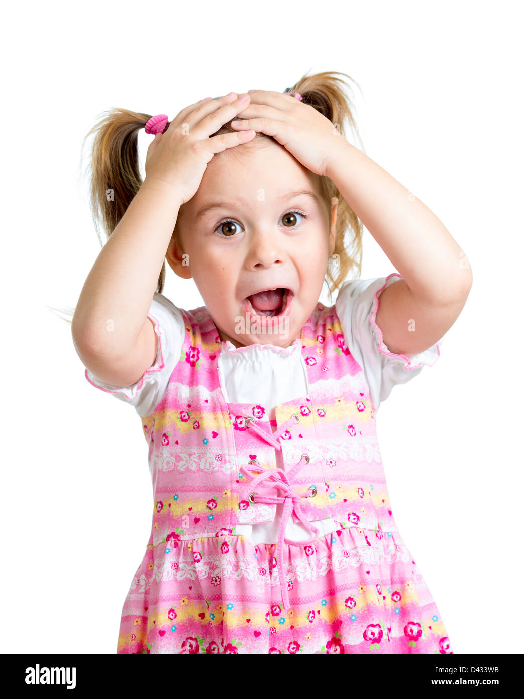 Little girl kid surprised with hands on her head isolated on white ...