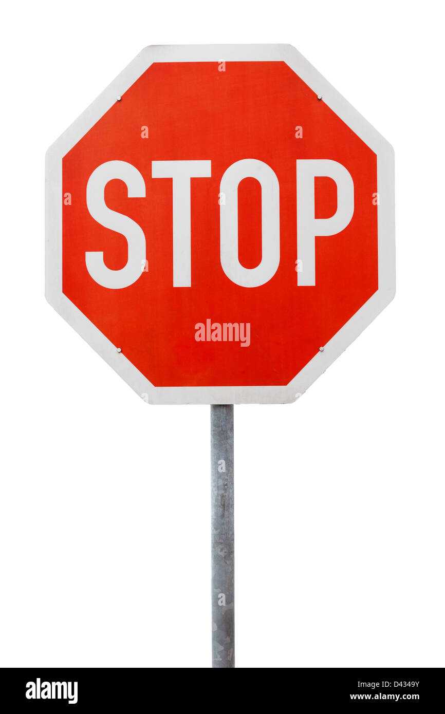 Red stop sign on a metal pole against white background Stock Photo - Alamy