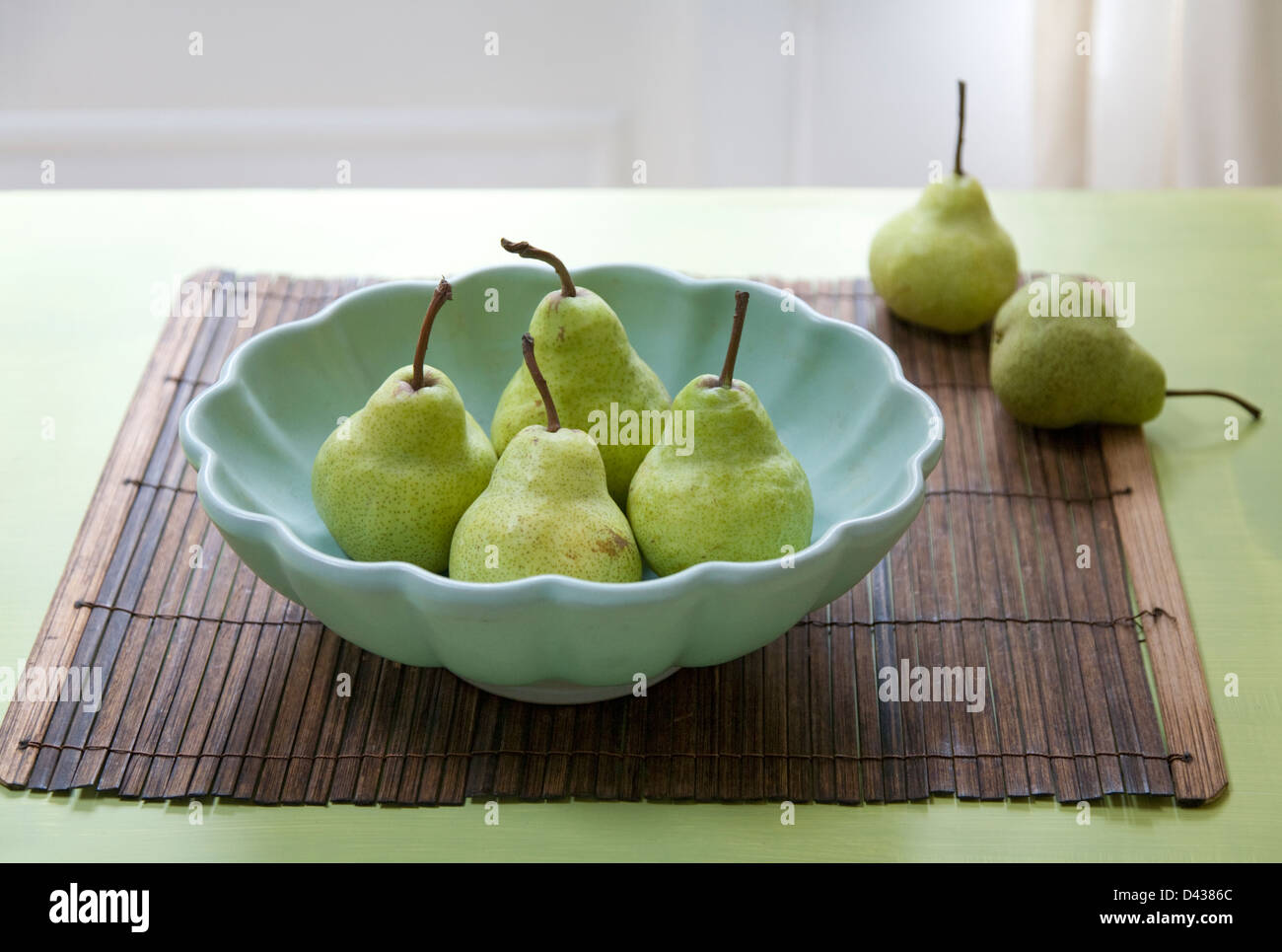 Six pears in a blue scalloped dish on a bamboo mat and green table ...