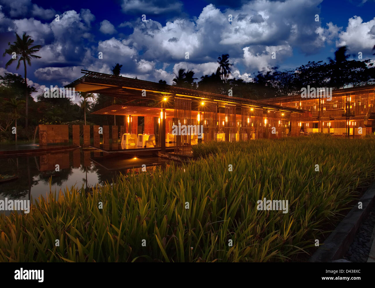 Pavilion in Asian style at the pool at night Stock Photo - Alamy