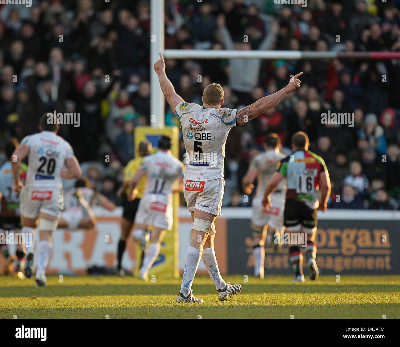 02.03.2013 London, England.Damian Welch celebrates as Luke Arscott goes ...