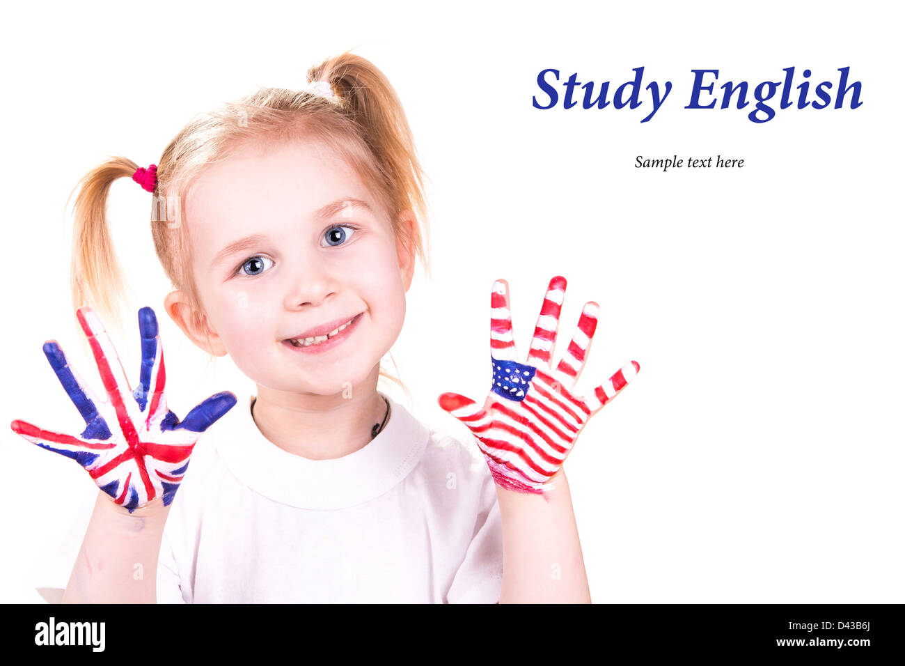 American and English flags on child's hands. Learning English language ...