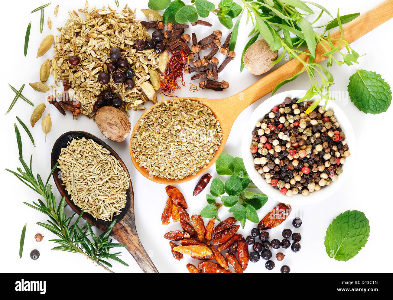 fresh flavoring herbs and spices on white background Stock Photo - Alamy