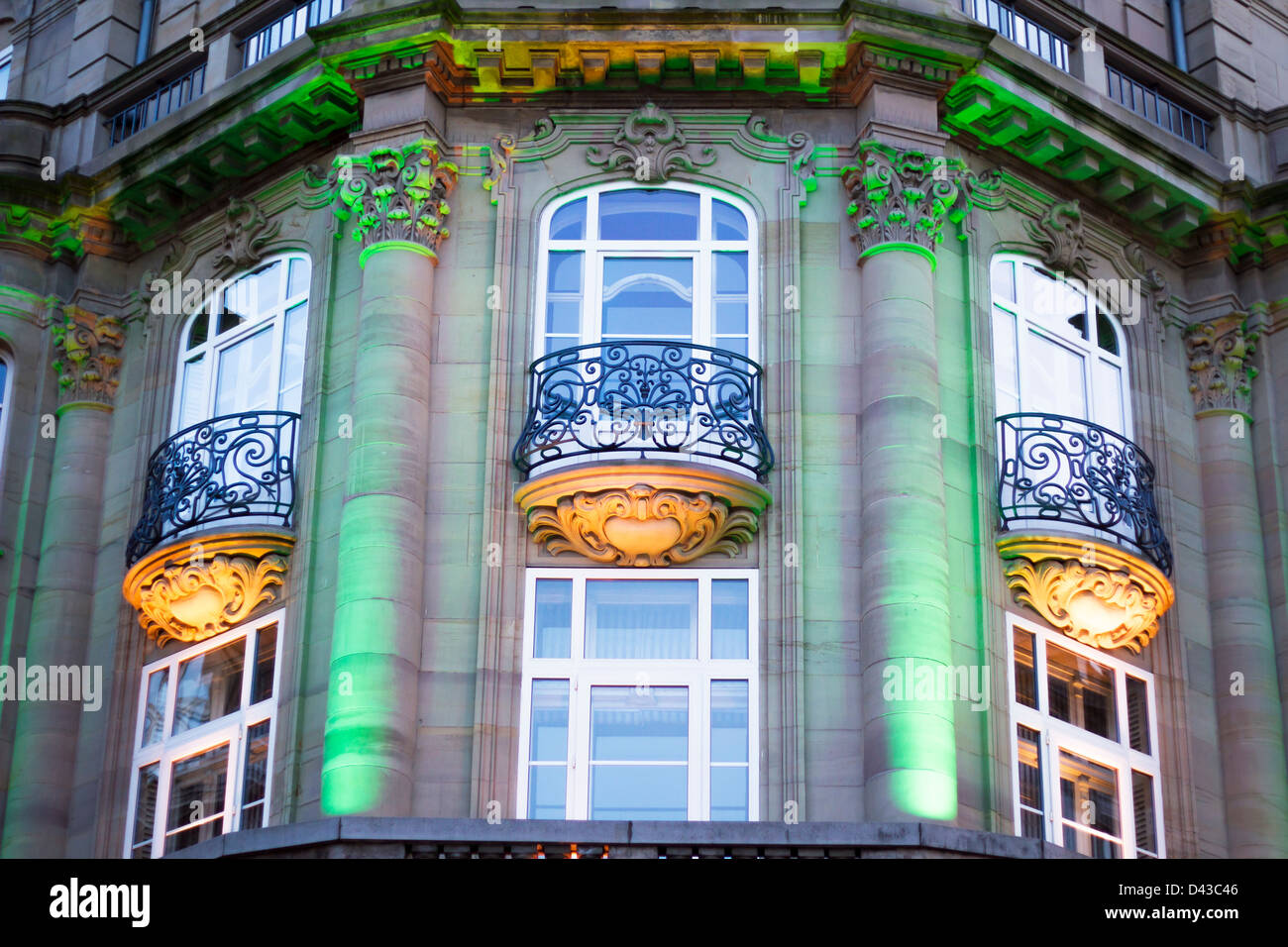 Colorfully lit facade of the building in Strasbourg (France) at ...