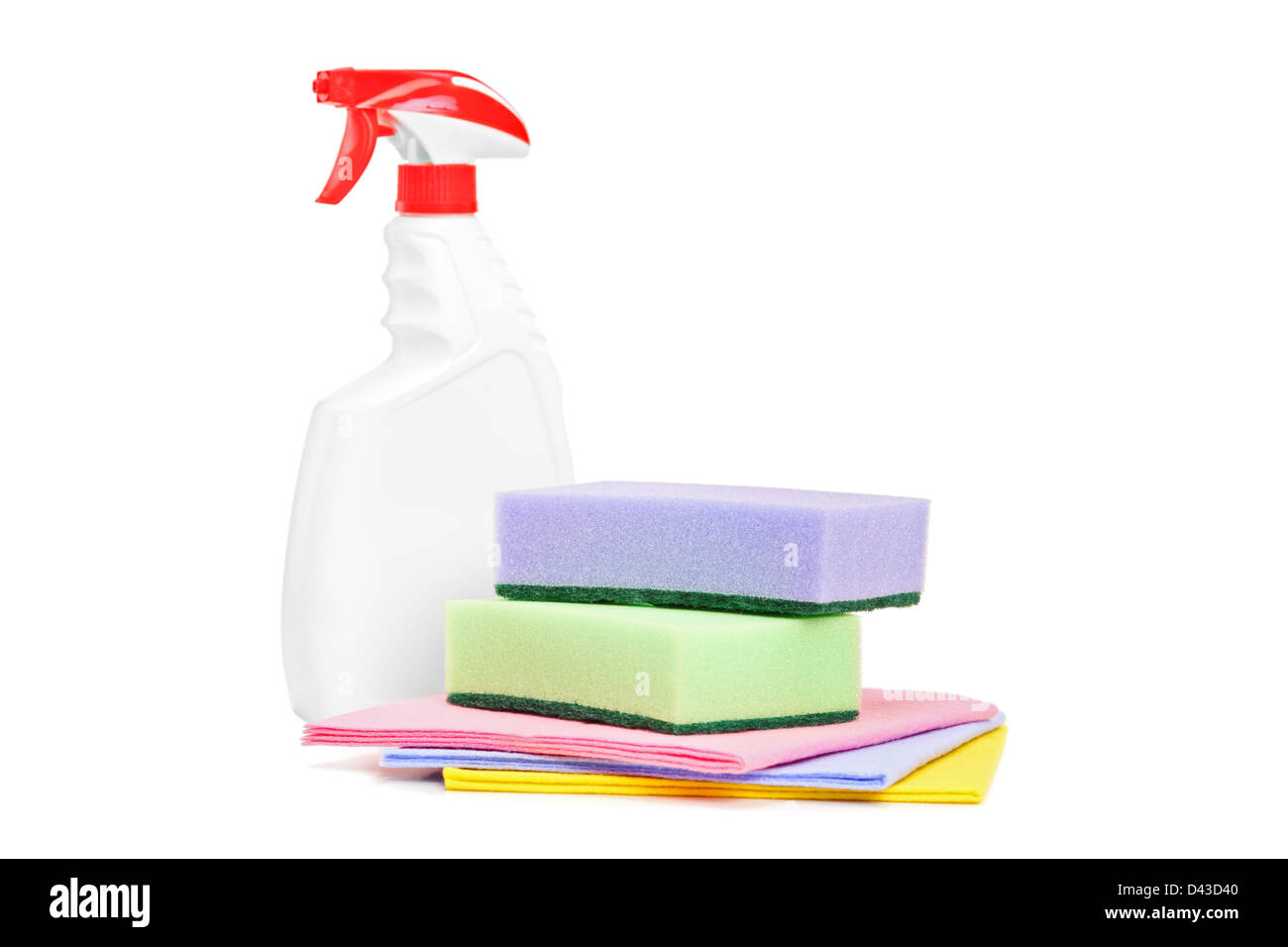 Studio shot of a cleaning spray and sponges isolated on white ...