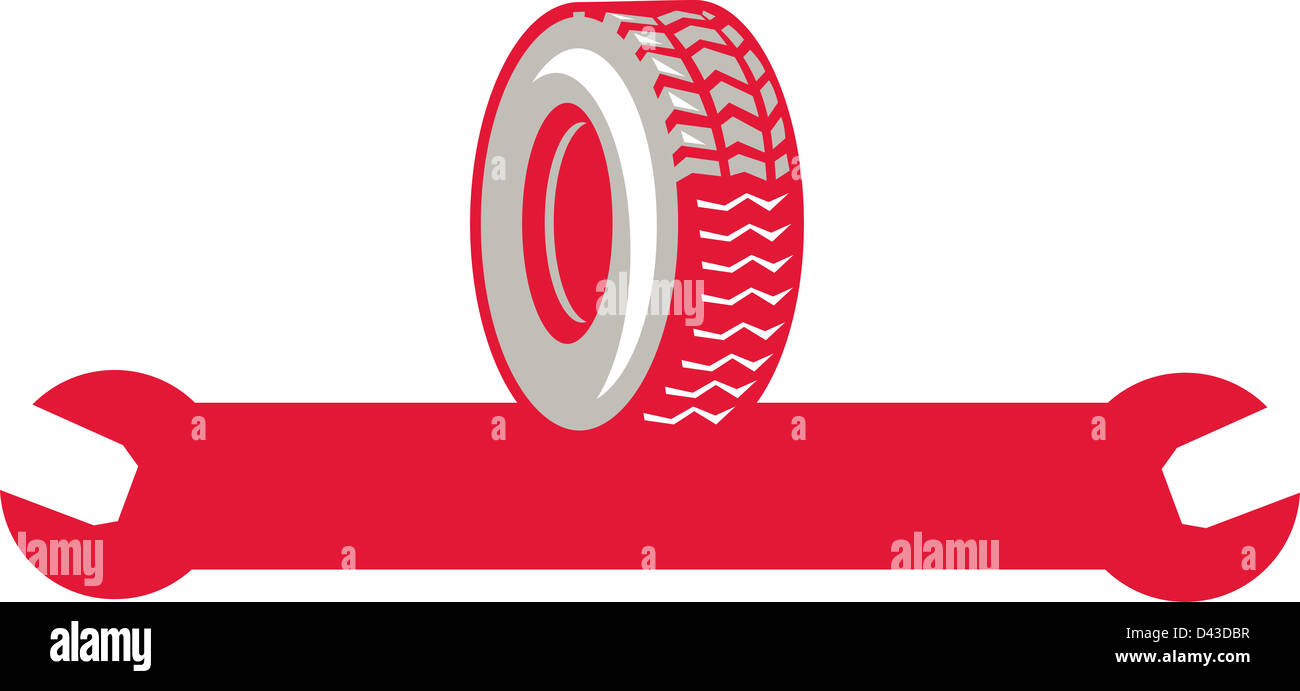 Illustration of a tire wheel with spanner wrench done in retro style ...