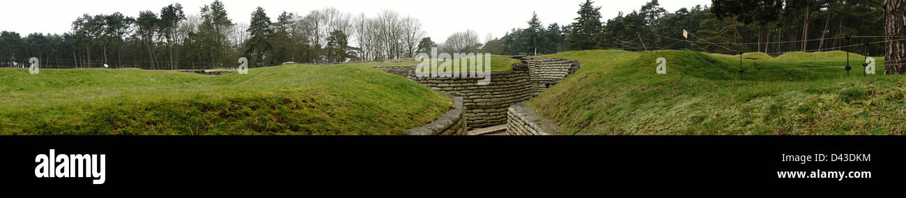 Panoramic World War 1 tench entrance with trees and craters in the ...