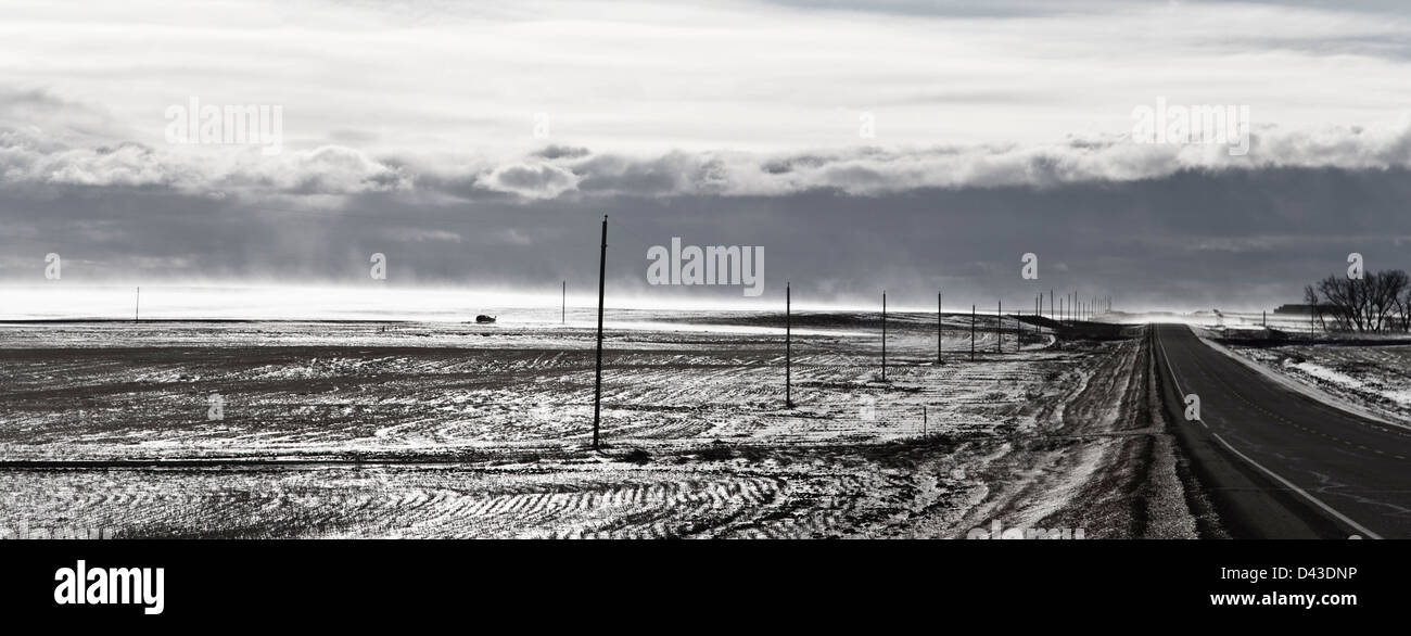 Black and white panoramic photo of the Alberta Canada, Prairie winter ...