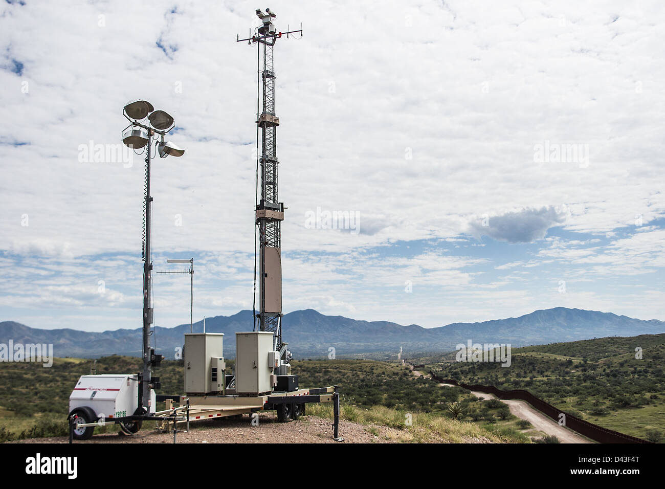 This image shows a U.S. Border Patrol mobile surveillance tower ...