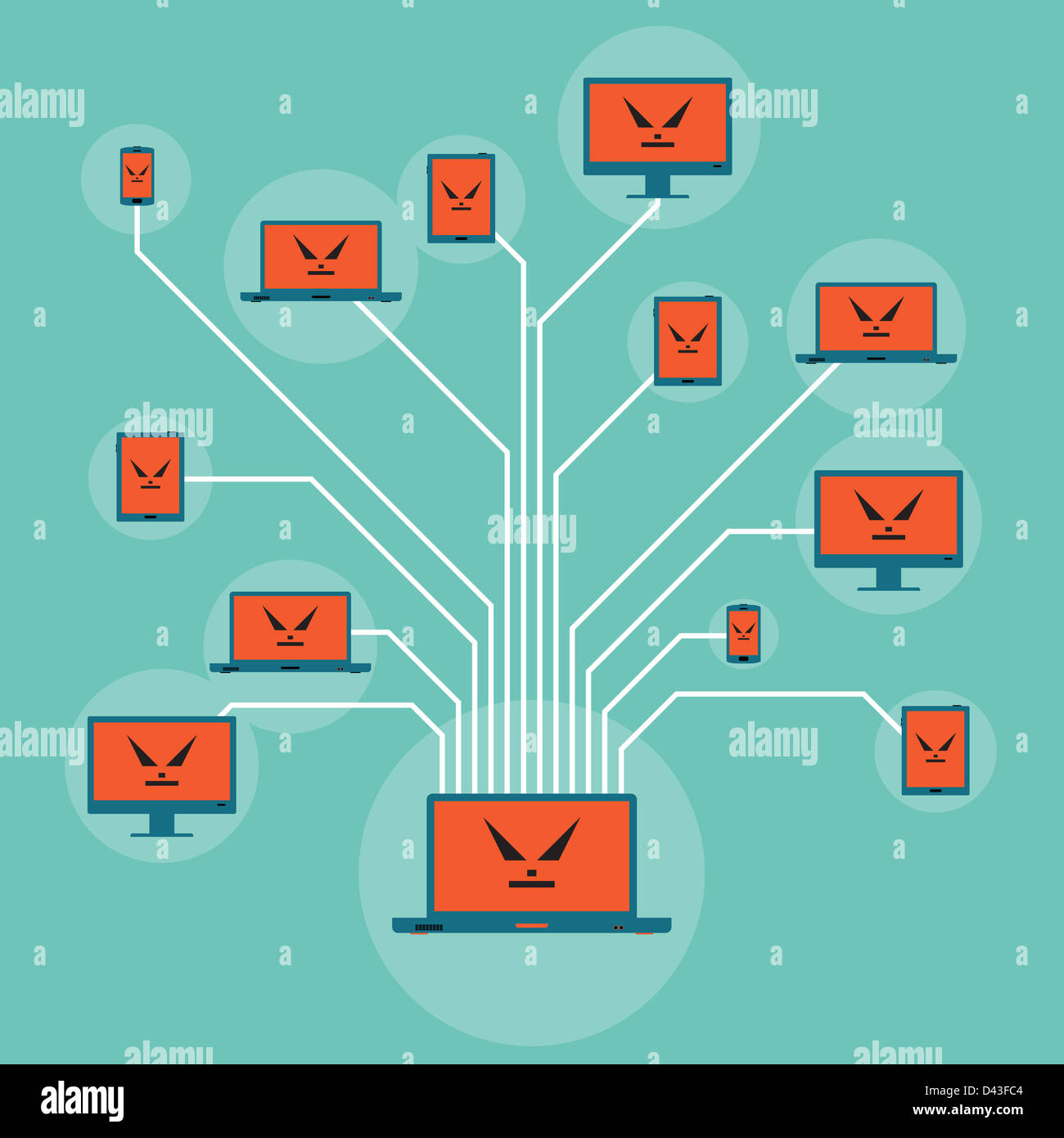 Vector illustration of a main computer commandeering several other ...