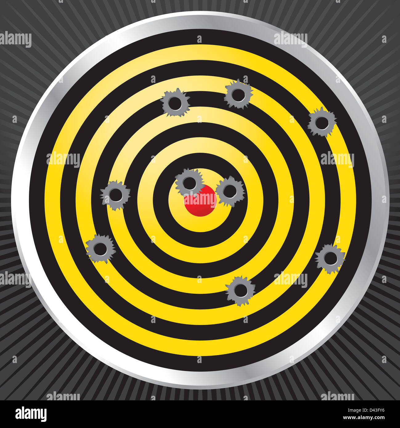 Yellow and black shooting range target shot full of bullet holes Stock ...