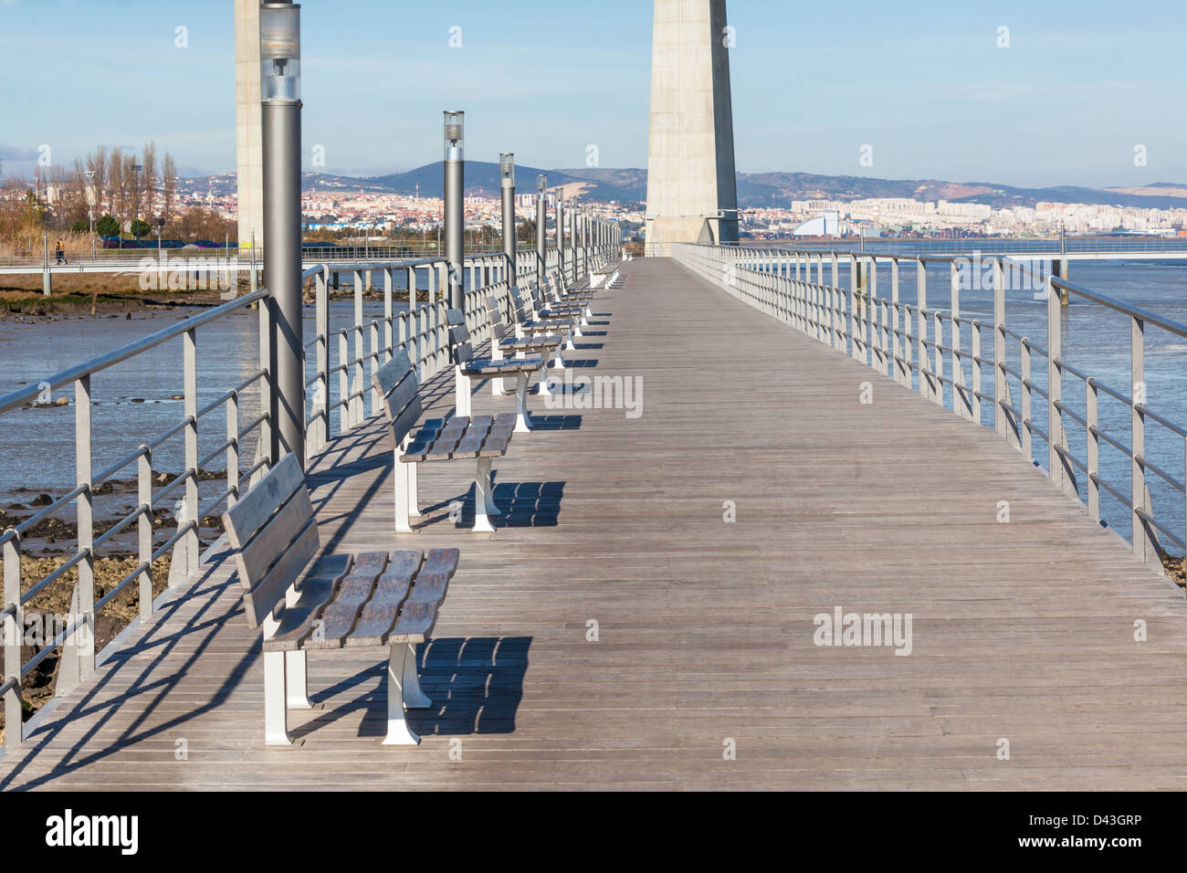 Wooden Benches Row at River Embankment. Horizontal shot Stock Photo - Alamy