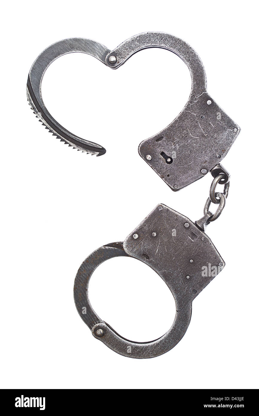 Metal handcuffs for hands on a white background Stock Photo - Alamy