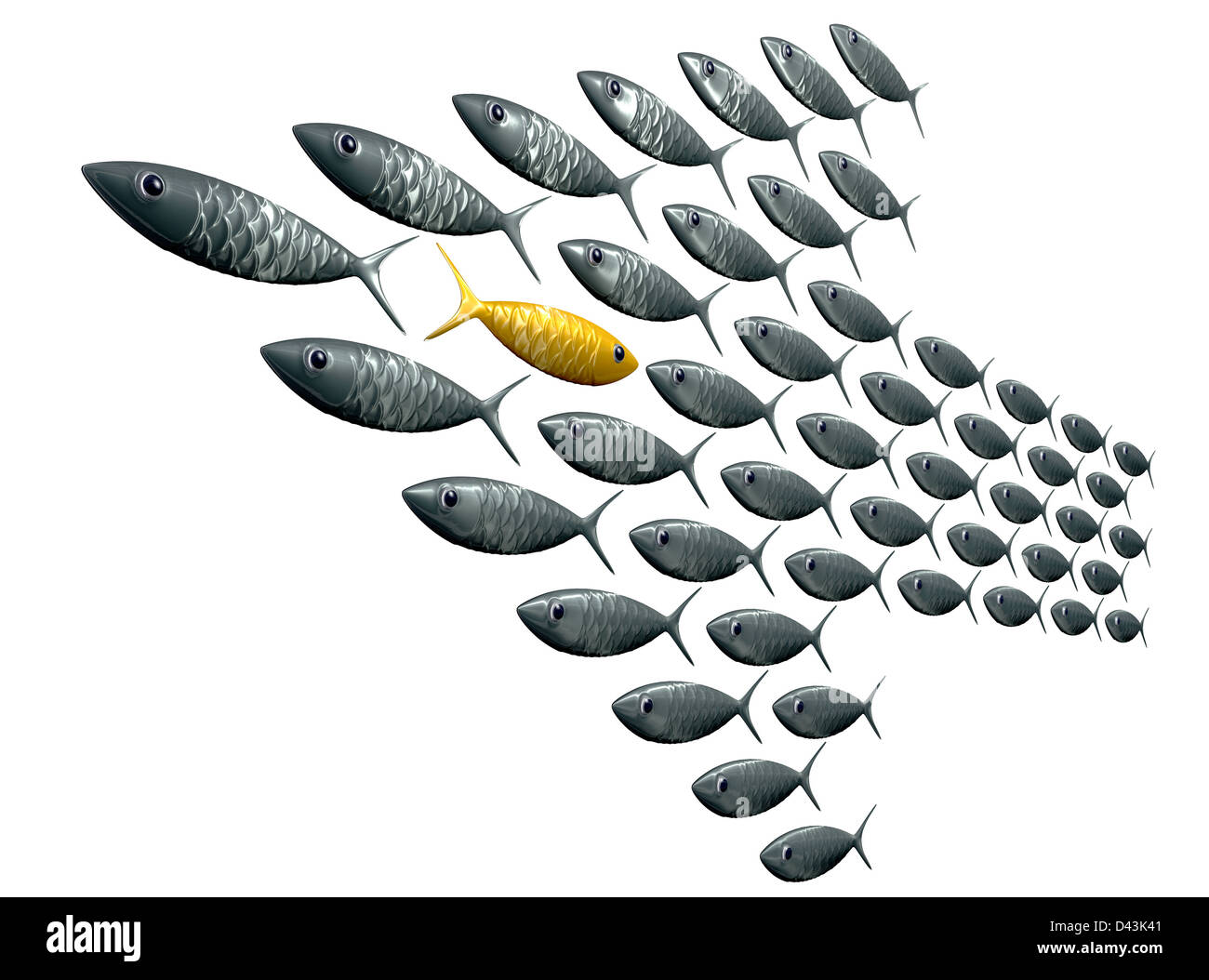 A perspective view of a school of stylized silvery fish swimming in the ...